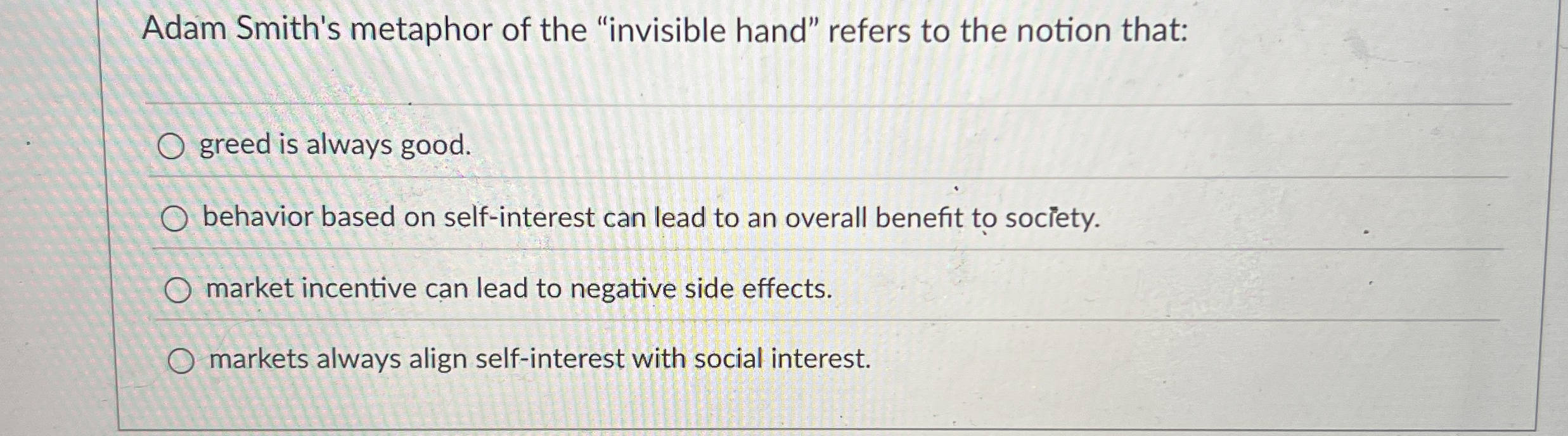 Solved Adam Smith's metaphor of the "invisible hand" refers | Chegg.com