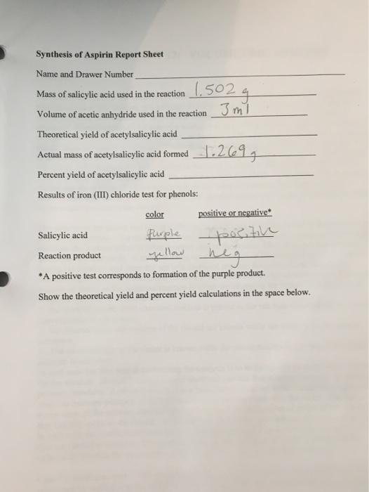 Solved Synthesis of Aspirin Report Sheet Name and Drawer | Chegg.com
