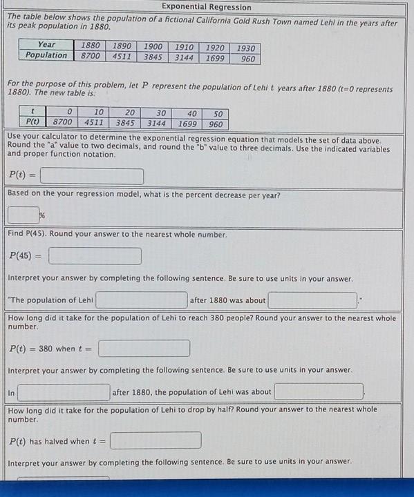 Solved Exponential Regression The table below shows the | Chegg.com