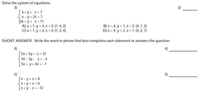 Solved Solve the system of equations. 3) | Chegg.com
