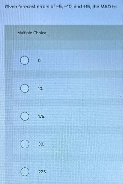 Solved Given forecast errors of −5,−10, and +15, the MAD is: | Chegg.com