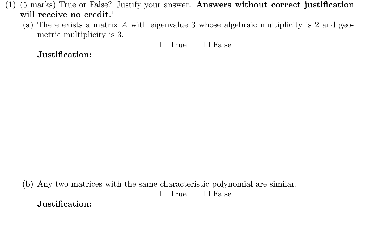 Solved (1) (5 ﻿marks) ﻿True or False? Justify your answer. | Chegg.com