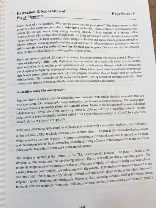 Solved Extraction & Separation of Plant Pigments Experiment | Chegg.com
