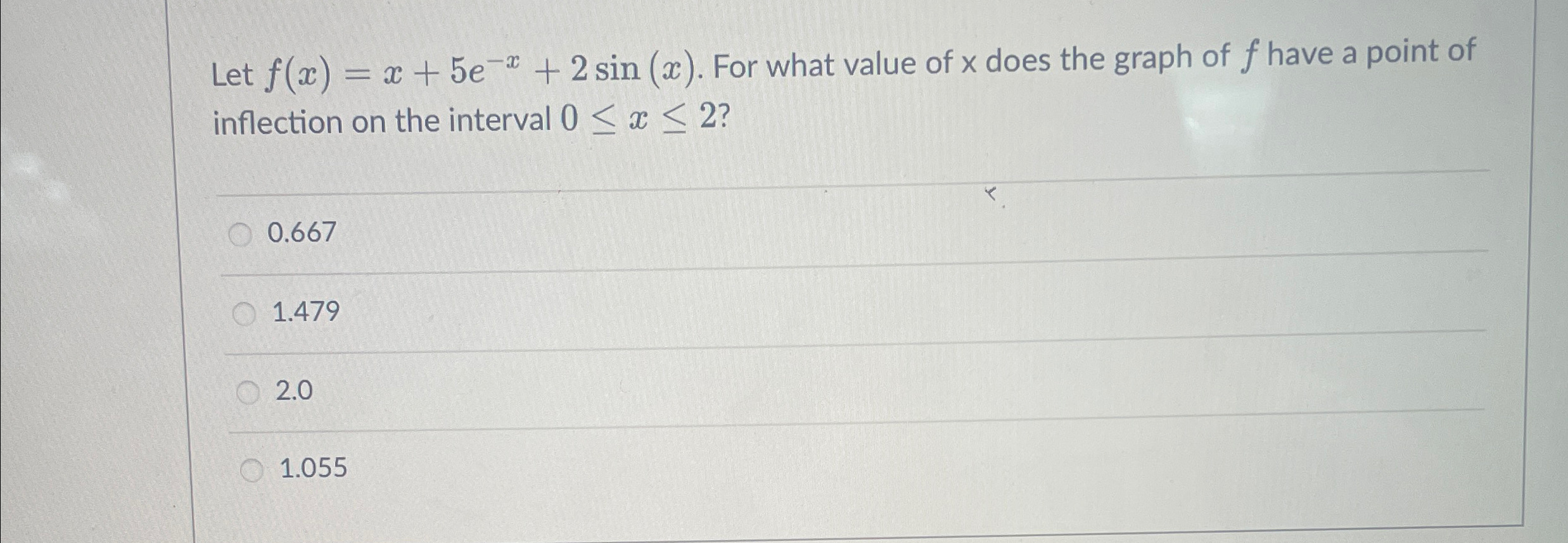 Solved Let f(x)=x+5e-x+2sin(x). ﻿For what value of x ﻿does | Chegg.com