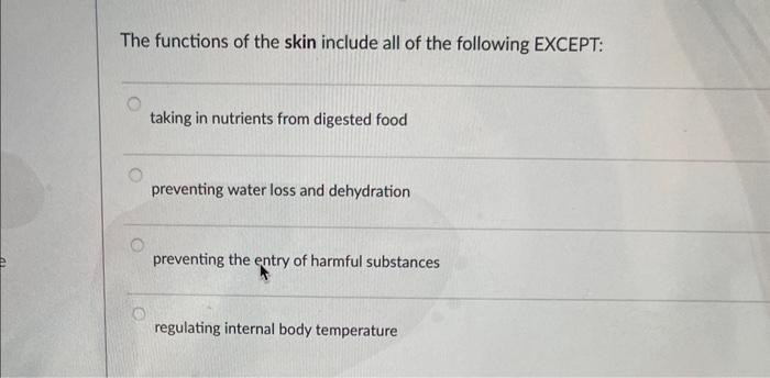 Solved The functions of the skin include all of the | Chegg.com
