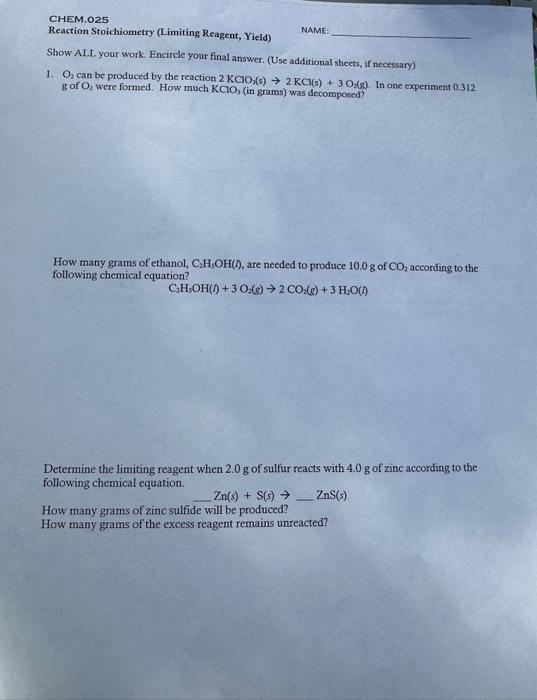 Solved CHEM.025 Reaction Stoichiometry (Limiting Reagent, | Chegg.com