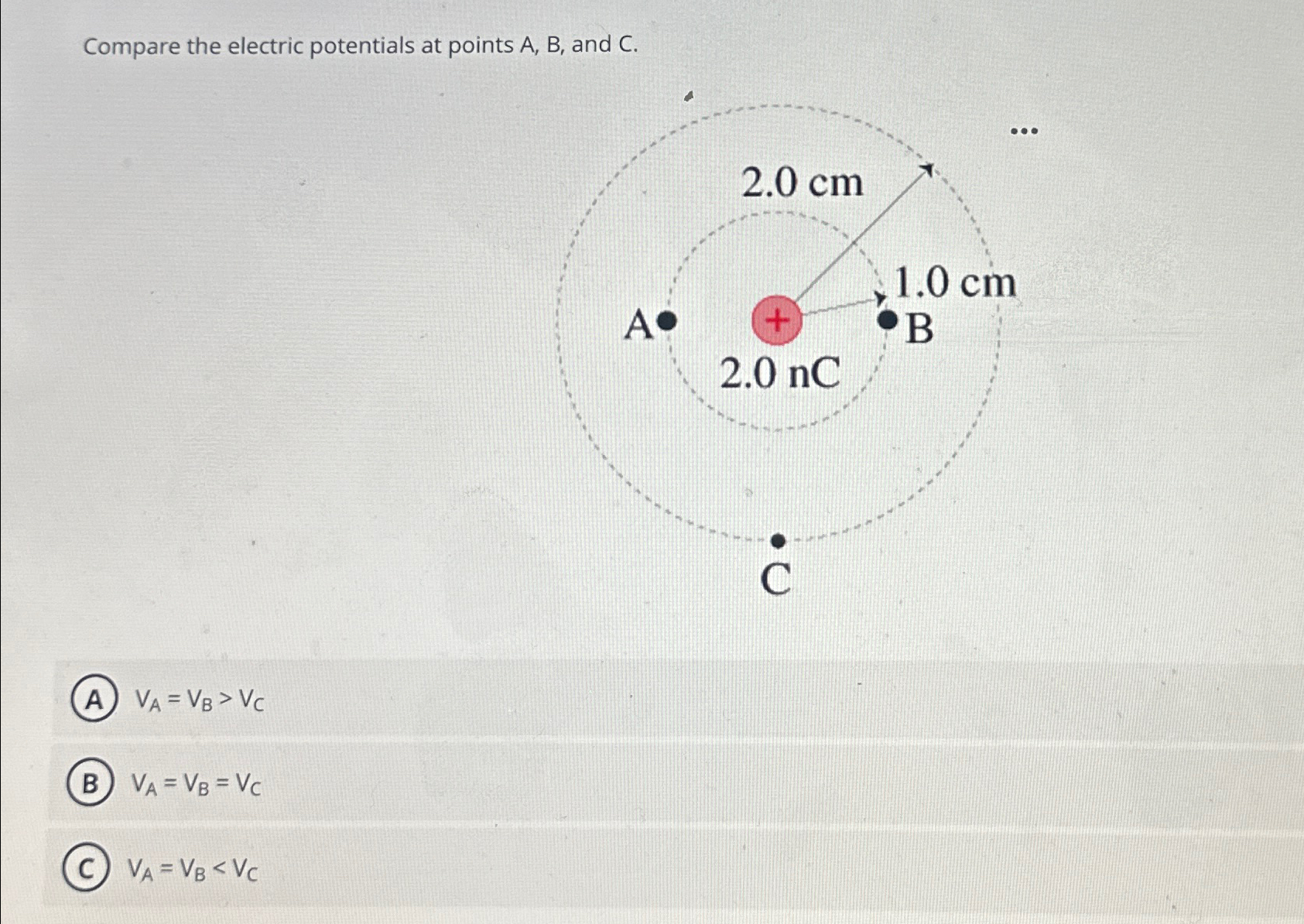 Solved Compare the electric potentials at points A, ﻿B, ﻿and | Chegg.com