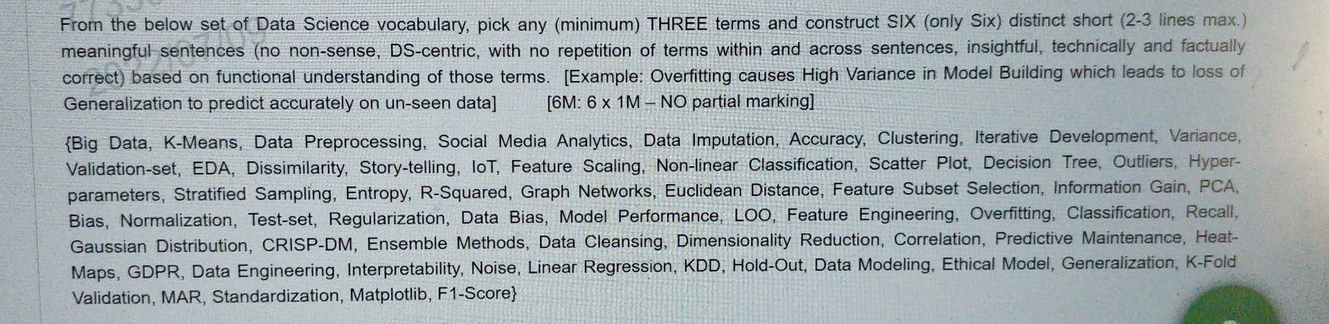 Solved From the below set of Data Science vocabulary, pick | Chegg.com