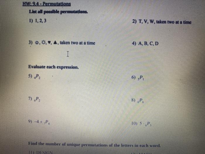 Solved HW:9.4 - Permutations List all possible permutations. | Chegg.com