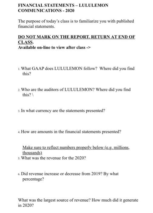 FINANCIAL STATEMENTS - LULULEMON COMMUNICATIONS - | Chegg.com