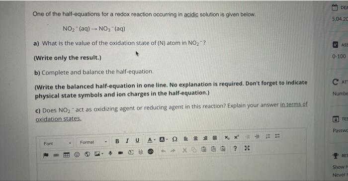 Solved One of the half-equations for a redox reaction | Chegg.com