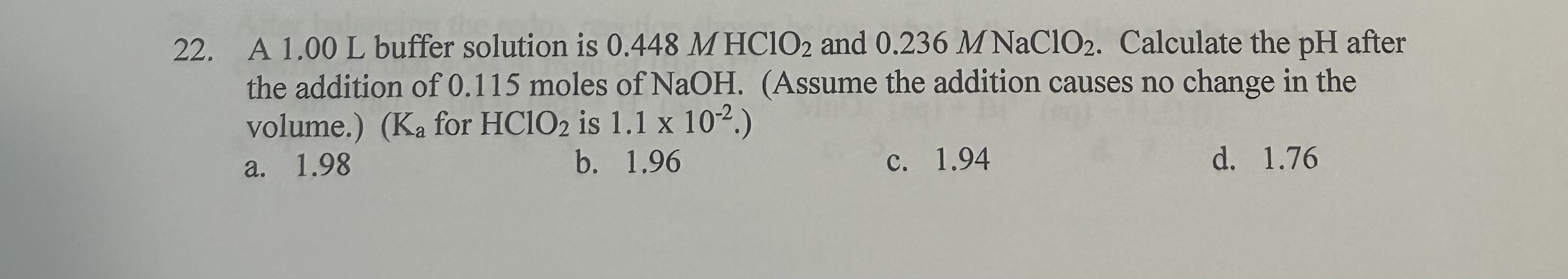 Solved A 1.00L ﻿buffer solution is 0.448MHClO2 ﻿and | Chegg.com