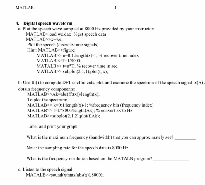 Solved MATLAB 4. Digital speech waveform a. Plot the speech | Chegg.com
