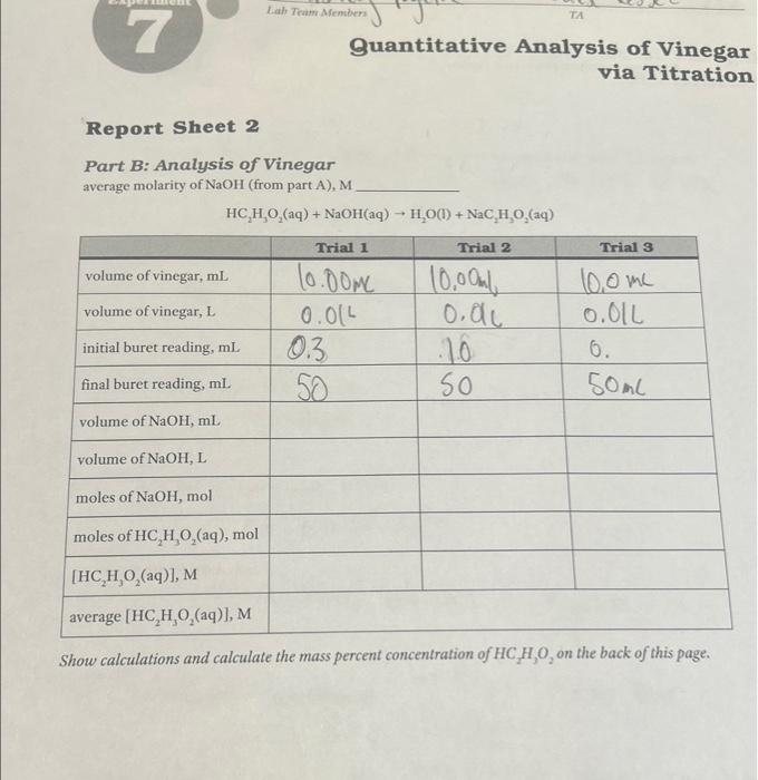 Solved 7 Report Sheet 2 Part B: Analysis of Vinegar average | Chegg.com