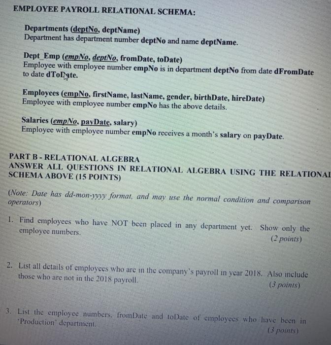 Solved EMPLOYEE PAYROLL RELATIONAL SCHEMA: Departments | Chegg.com