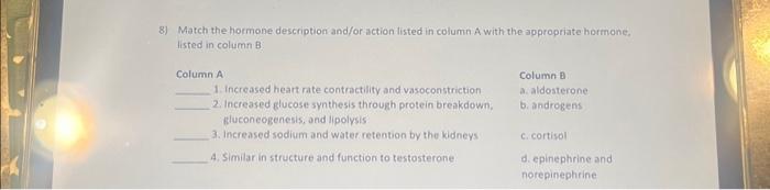 Solved 8) Match the hormone description and/or action listed | Chegg.com