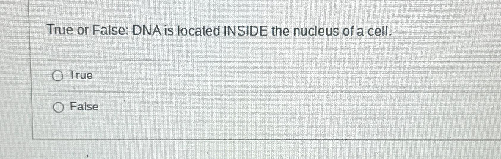 Solved True or False: DNA is located INSIDE the nucleus of a | Chegg.com