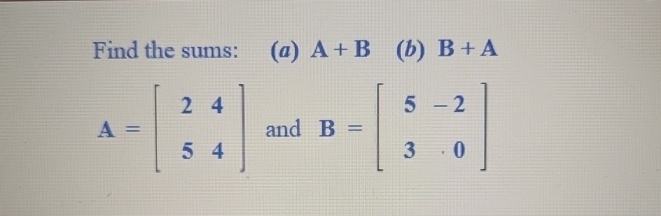 Solved Find the sums:(a) A+B(b) B+AA=[2454] ﻿and B=[5-230] | Chegg.com