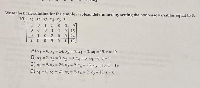 Solved Write the basic solution for the simplex tableau | Chegg.com