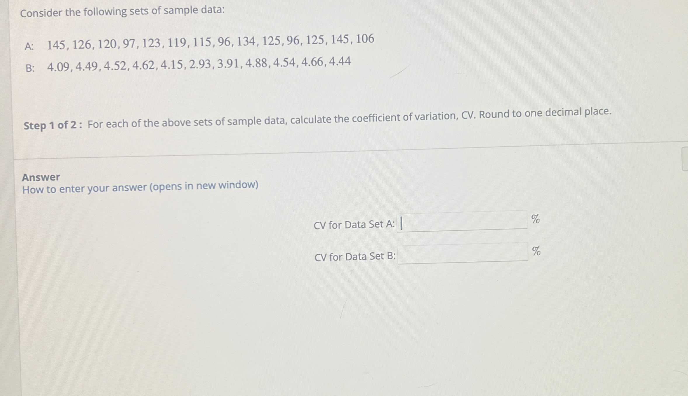 Solved Consider the following sets of sample data:A: | Chegg.com