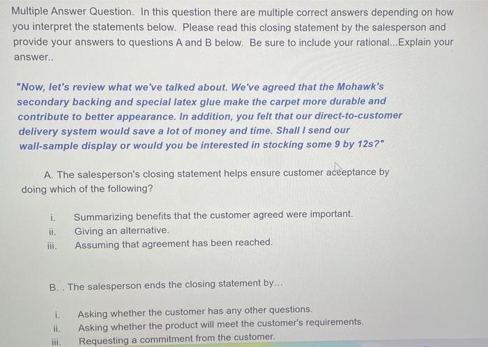 Multiple Answer Question. In this question there are | Chegg.com