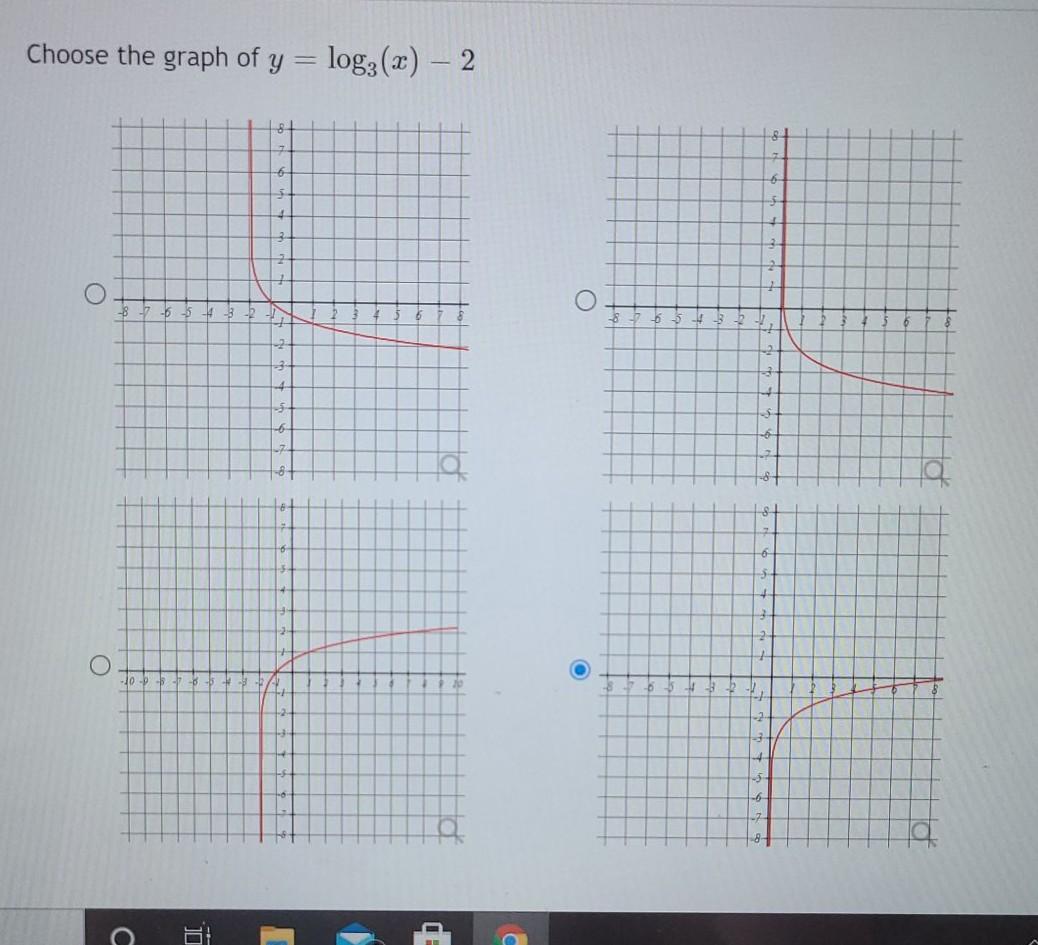 Solved Choose the graph of y log3(x) - 2 O O i C | Chegg.com