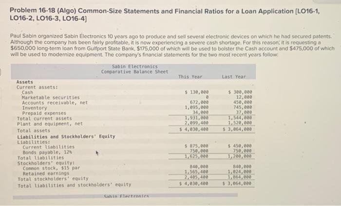 Solved Problem 16-18 (Algo) Common-Size Statements and | Chegg.com
