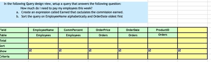 Solved In the following Query design view, setup a query | Chegg.com