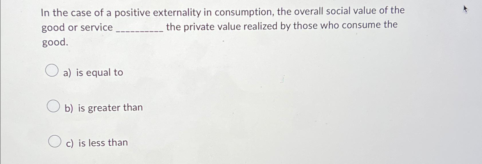 Solved In the case of a positive externality in consumption, | Chegg.com