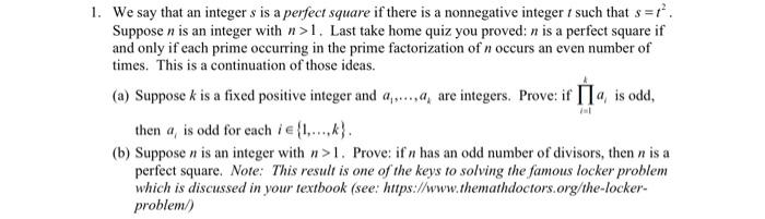 Solved We say that an integer s is a perfect square if there | Chegg.com