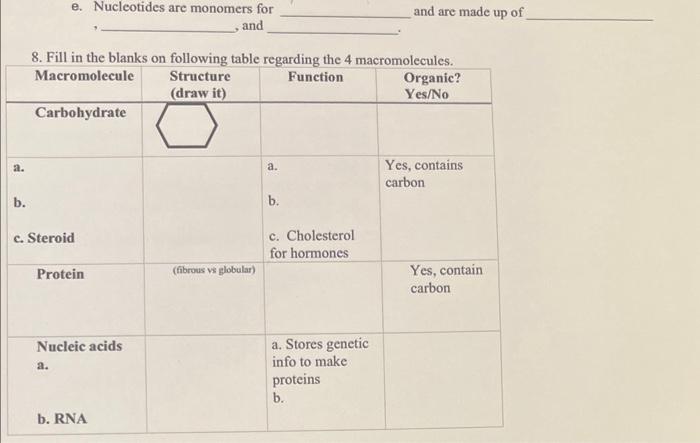 Solved e. Nucleotides are monomers for and are made up of , | Chegg.com