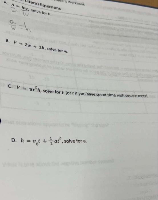 Solved Wa Whw Solve For H Wa H B P 2w 2h Solve For W C Chegg