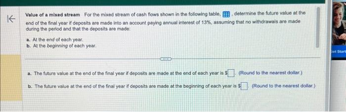Solved Value of a mixed stream. For the mixed stream of cash | Chegg.com