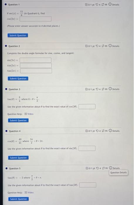 Solved it sec(x)=ℏ11 (in Quadrart-1), find cos(2x)= (Pleare | Chegg.com