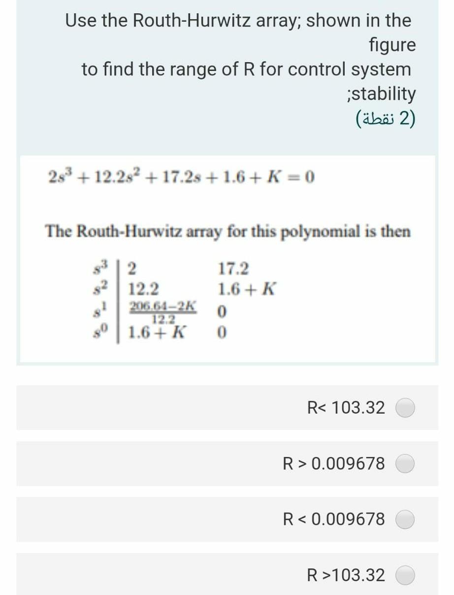 Solved Use the Routh-Hurwitz array; shown in the figure to | Chegg.com