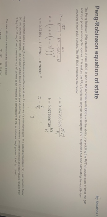 Solved Peng-Robinson equation of state My Solutions > The | Chegg.com