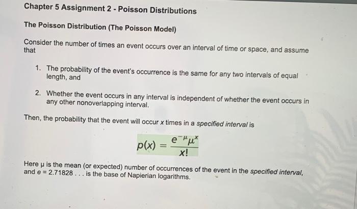 Solved Chapter 5 Assignment 2 - Poisson Distributions The | Chegg.com