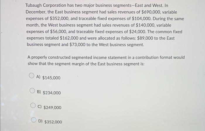 Solved Tubaugh Corporation has two major business | Chegg.com