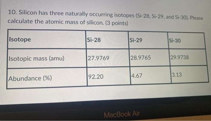 Solved 10. Silicon has three naturally occurring isotopes | Chegg.com