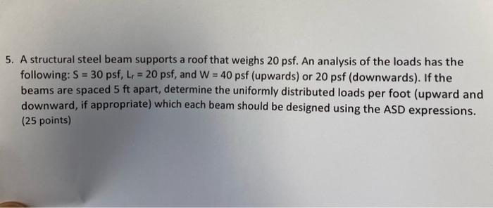 Solved 5. A structural steel beam supports a roof that | Chegg.com