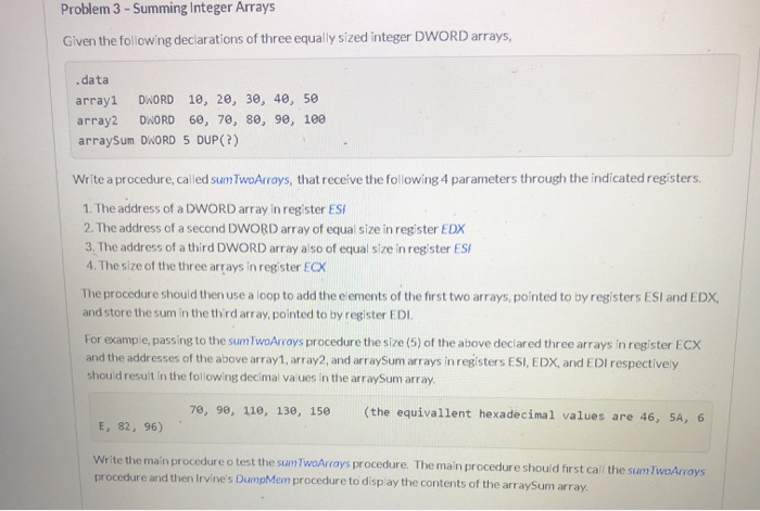 Solved Problem 3 - Summing Integer Arrays Given the | Chegg.com