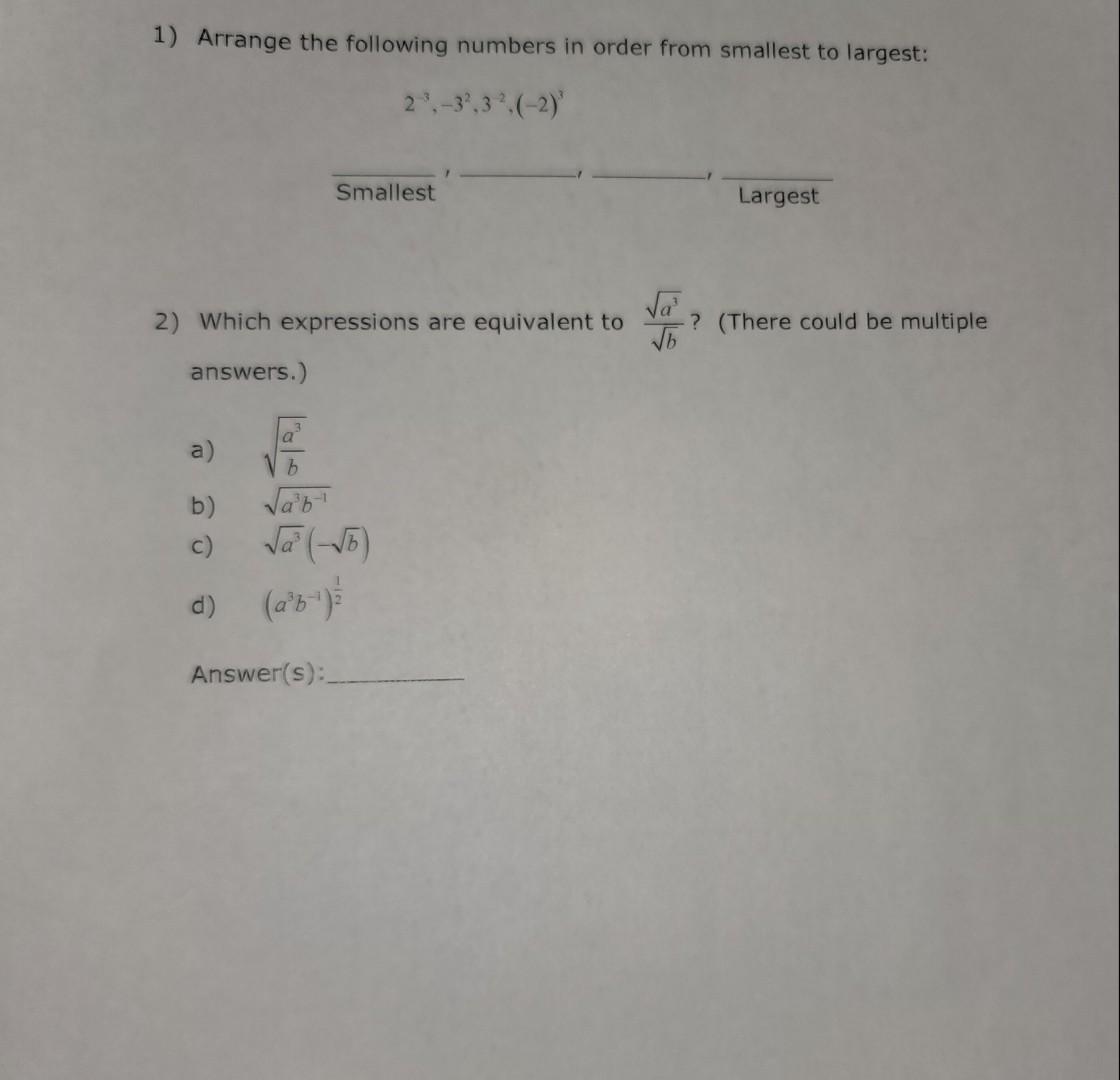 Solved 1) Arrange the following numbers in order from | Chegg.com