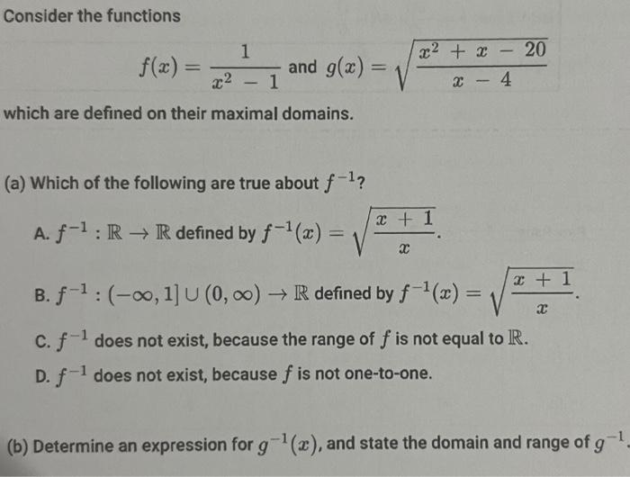 Solved Consider the functions f(x)=x2−11 and g(x)=x−4x2+x−20 | Chegg.com