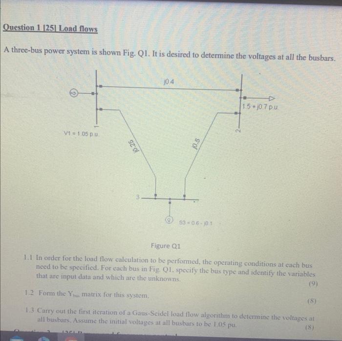 A three-bus power system is shown Fig. Q1. It is | Chegg.com