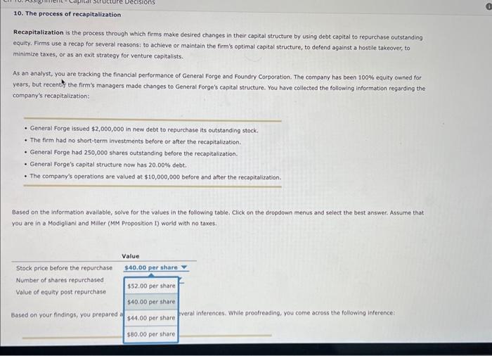 10. The process of recapitalization Recapitalization | Chegg.com