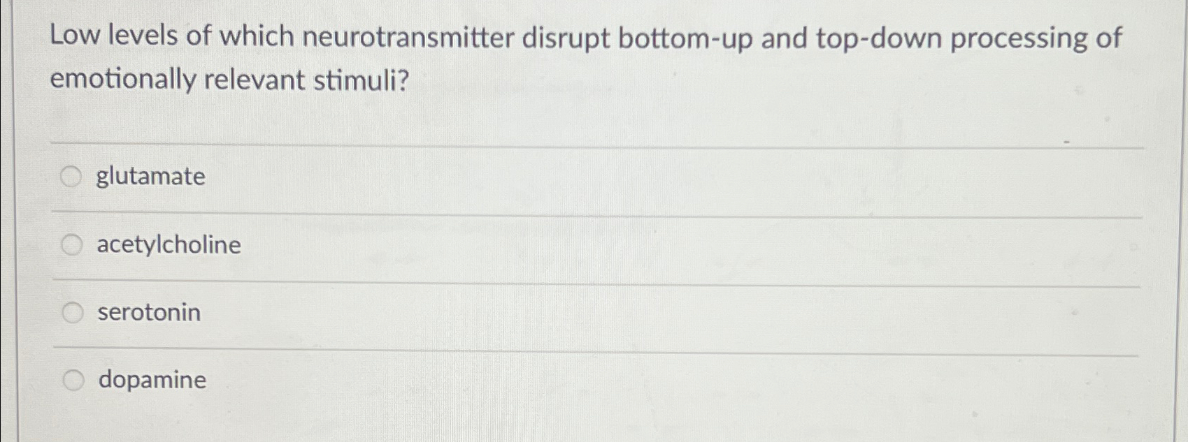 Solved Low levels of which neurotransmitter disrupt | Chegg.com