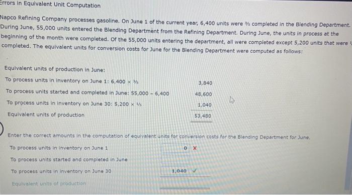 Solved irors in Equivalent Unit Computation Napco Refining | Chegg.com