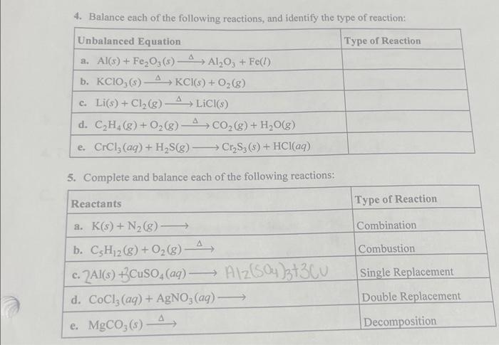 Solved 4. Balance each of the following reactions, and | Chegg.com