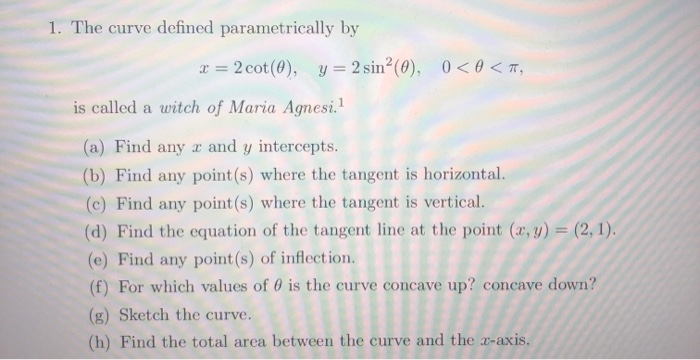 Solved 1. The curve defined parametrically by x = 2 cot(e), | Chegg.com
