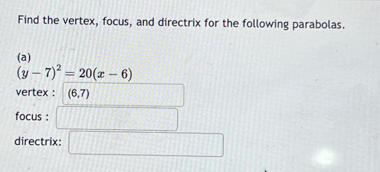 Solved Find the vertex, focus, and directrix for the | Chegg.com